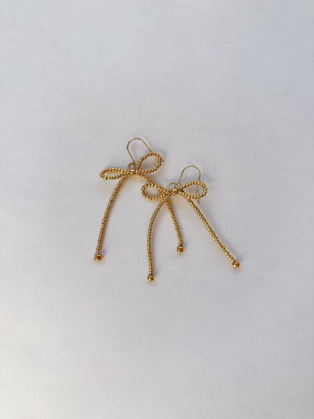 Gold Beaded Bow Earrings Bow Dangle Statement Lightweight Beaded ...