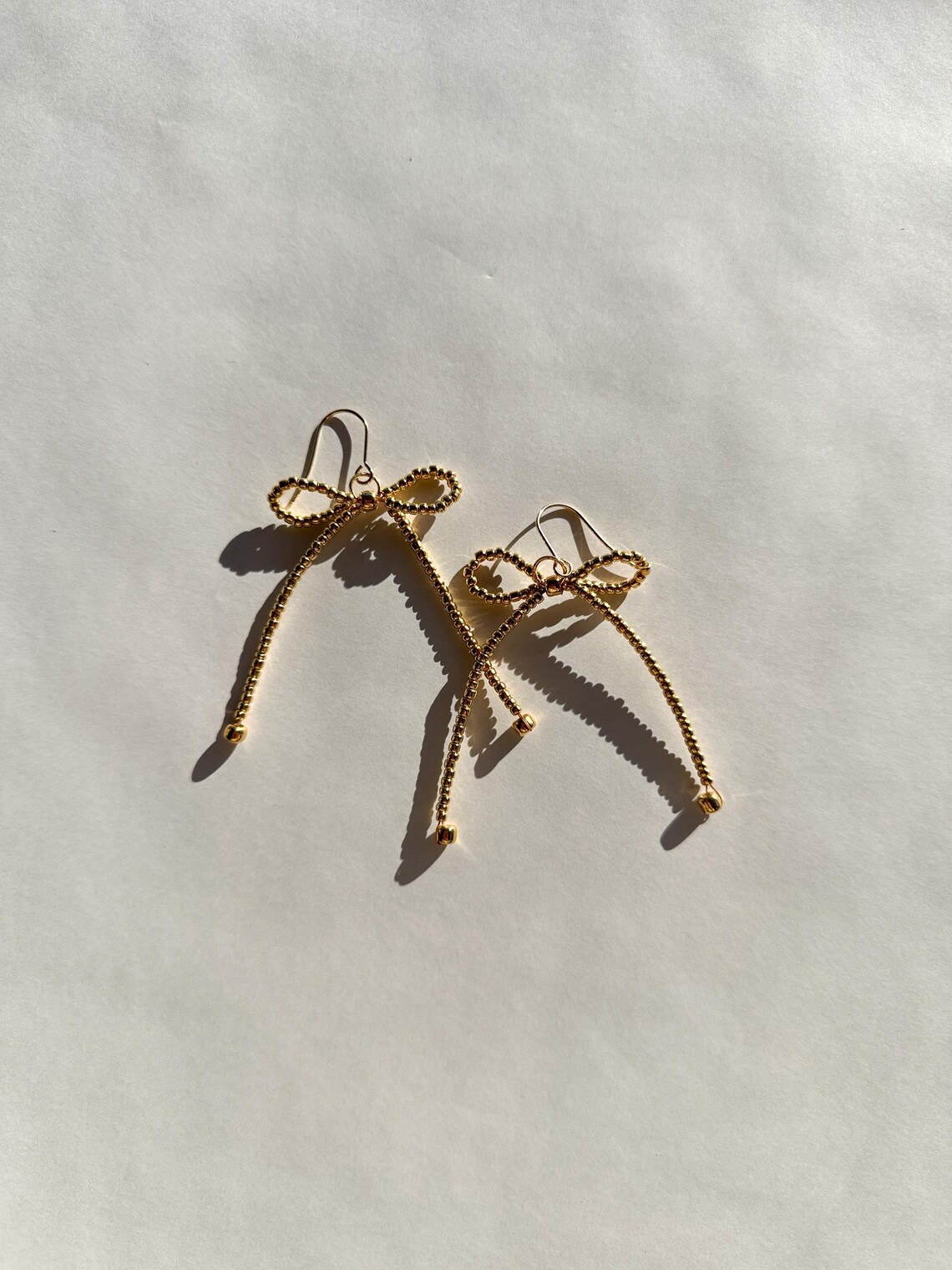Gold Beaded Bow Earrings Bow Dangle Statement Lightweight Beaded ...