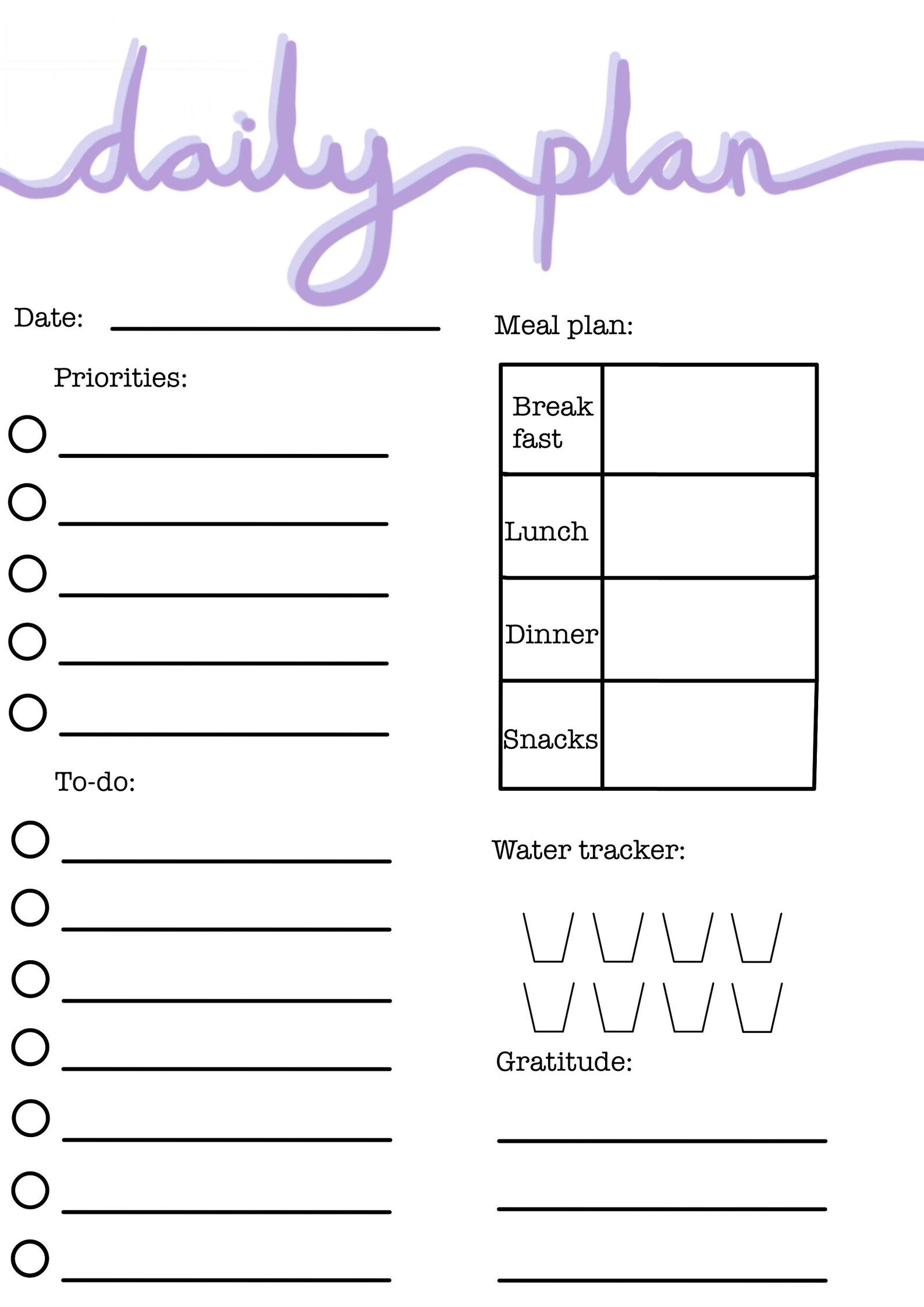 Simple daily planner page DIGITAL DOWNLOAD pdf file | Etsy