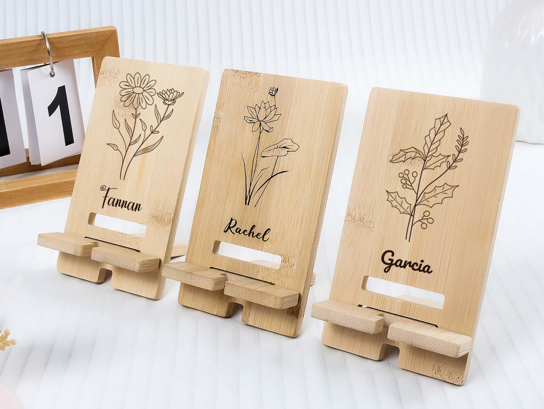 Personalized Wood Phone Stand, Engraved Floral Design, Desk Organizer ...