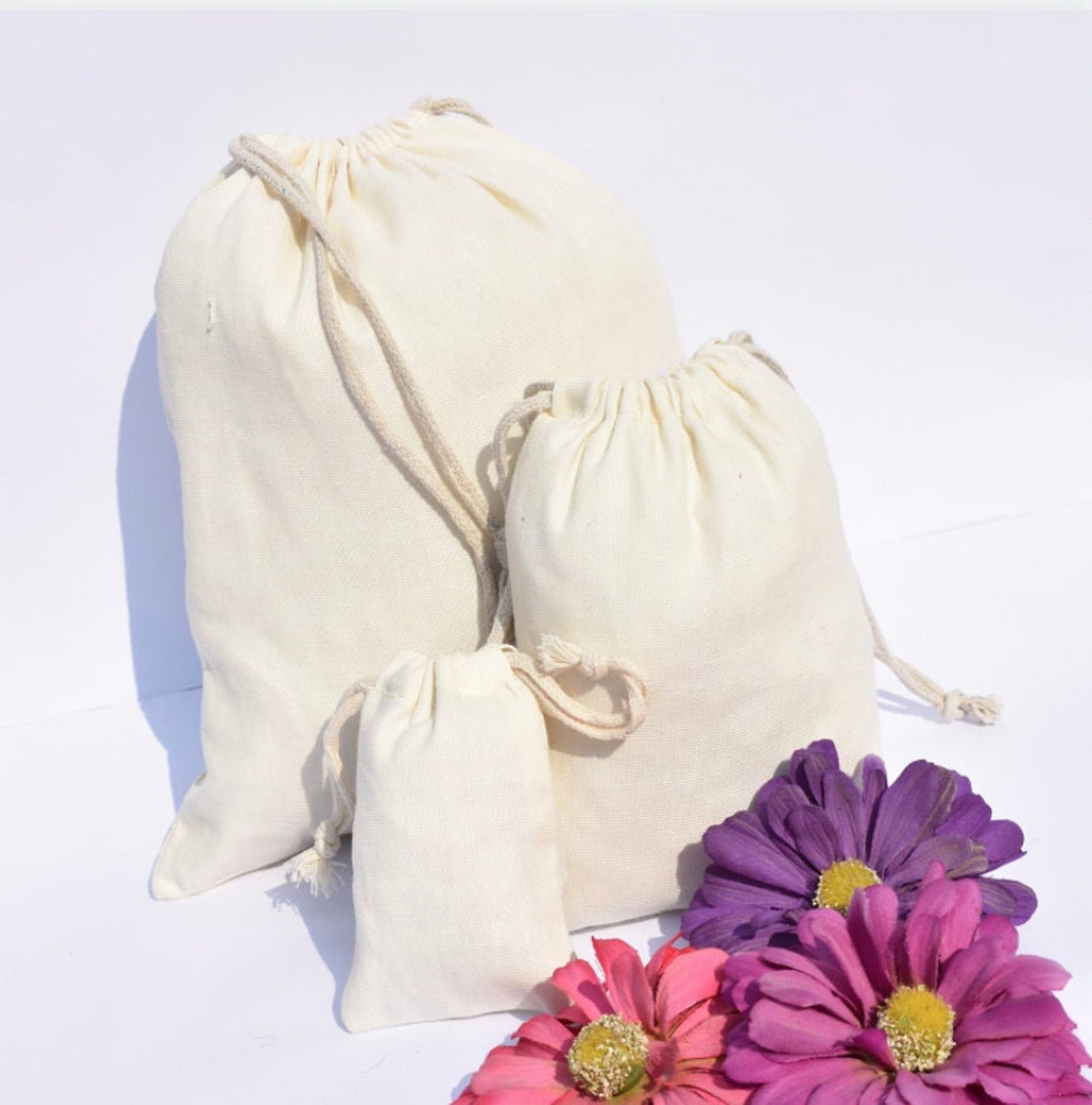 100% Reusable Organic Cotton Double Drawstring Muslin Bags. Premium ...
