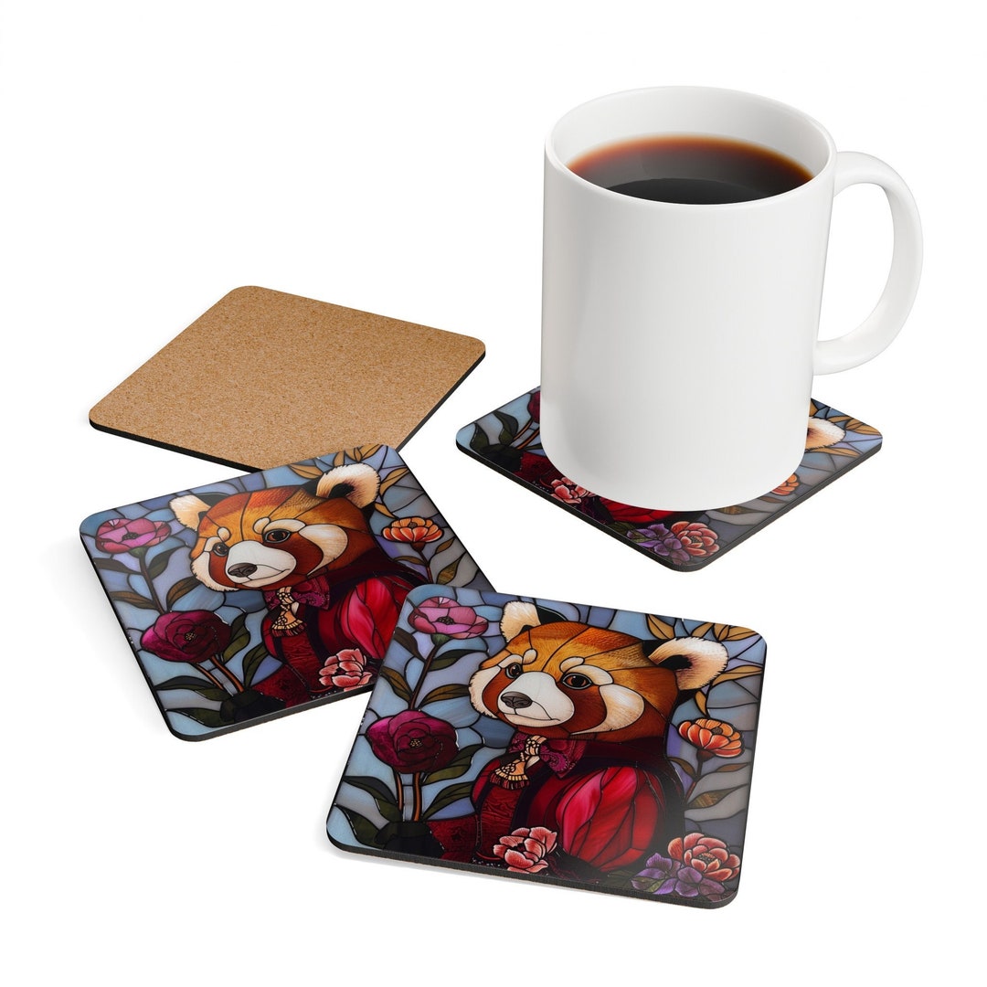 Stained Glass Red Panda Cork Coasters: Eco-friendly Tableware (set of 4 ...