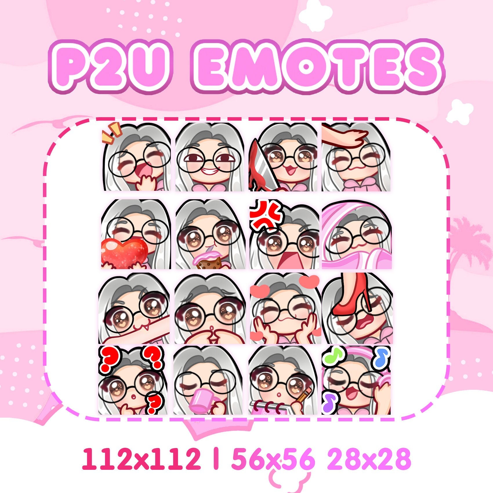 P2U Chibi Girl Emotes White Platinum Hair Brown Eyes Fair Skin Glasses ...