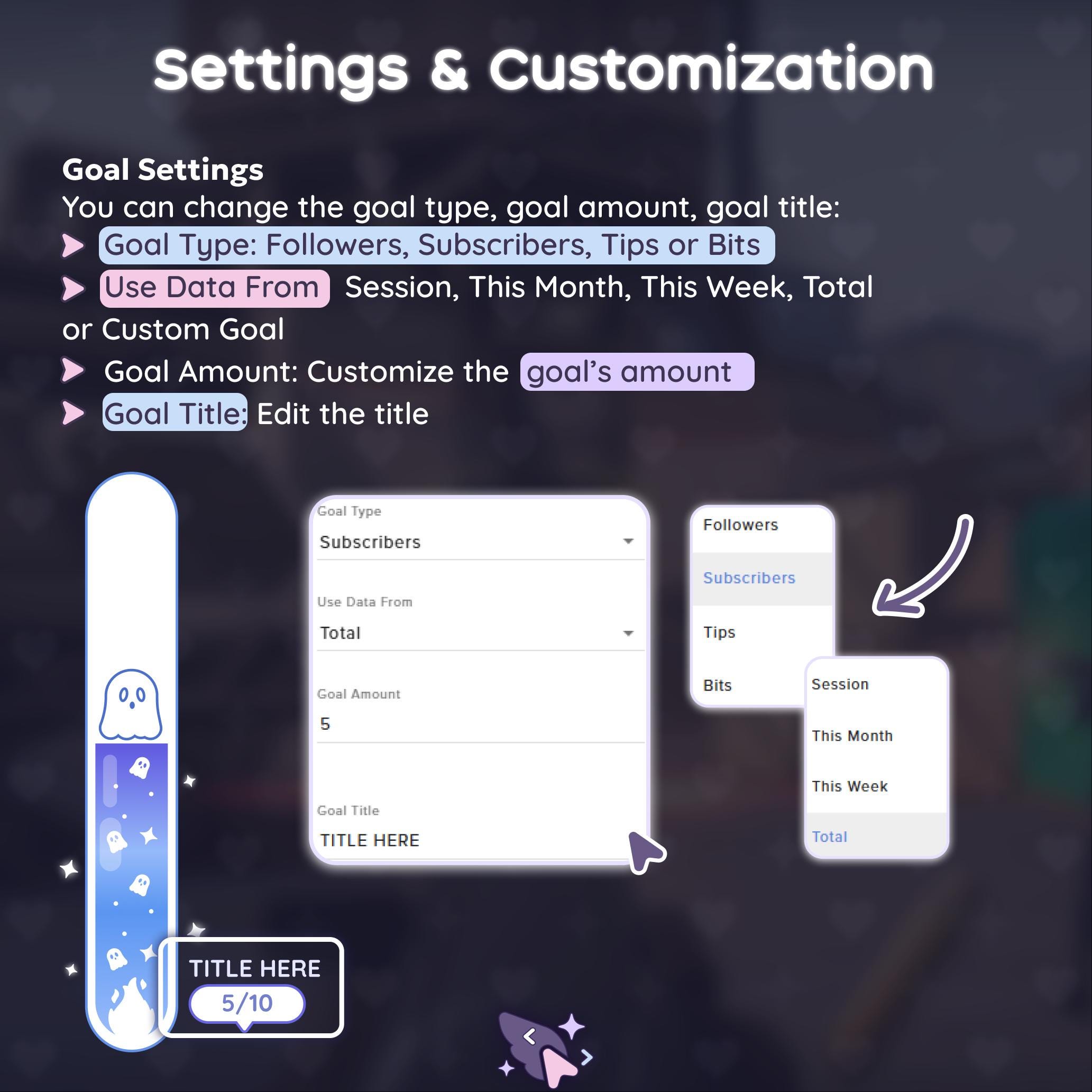 P2U Ghost Blue Vertical Bar Goal Widget Customizable Cute Sparkles ...