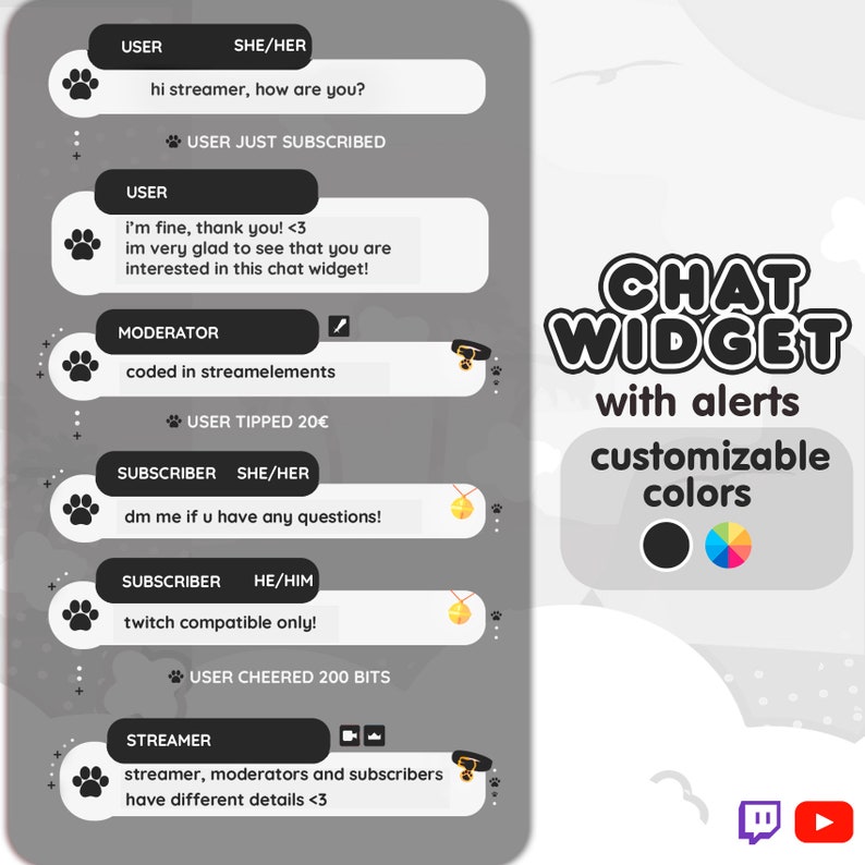 P2U Customizable Chat Widget Paw Pet Cat Dog Black Stream Chatbox Cute ...