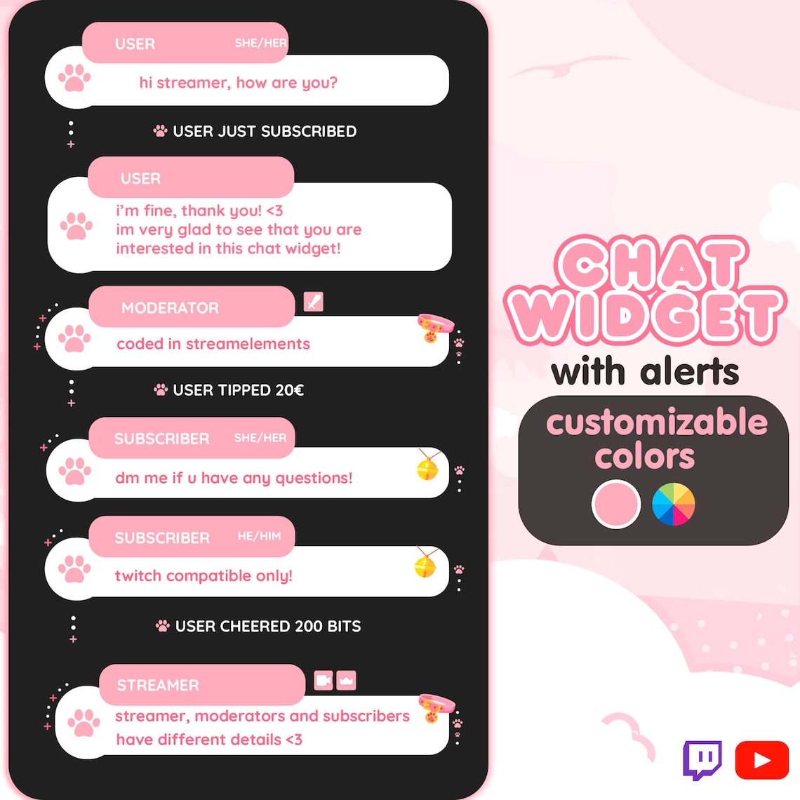 Cute Pink Paw Stream Chat Widget for Twitch & Youtube (customizable ...