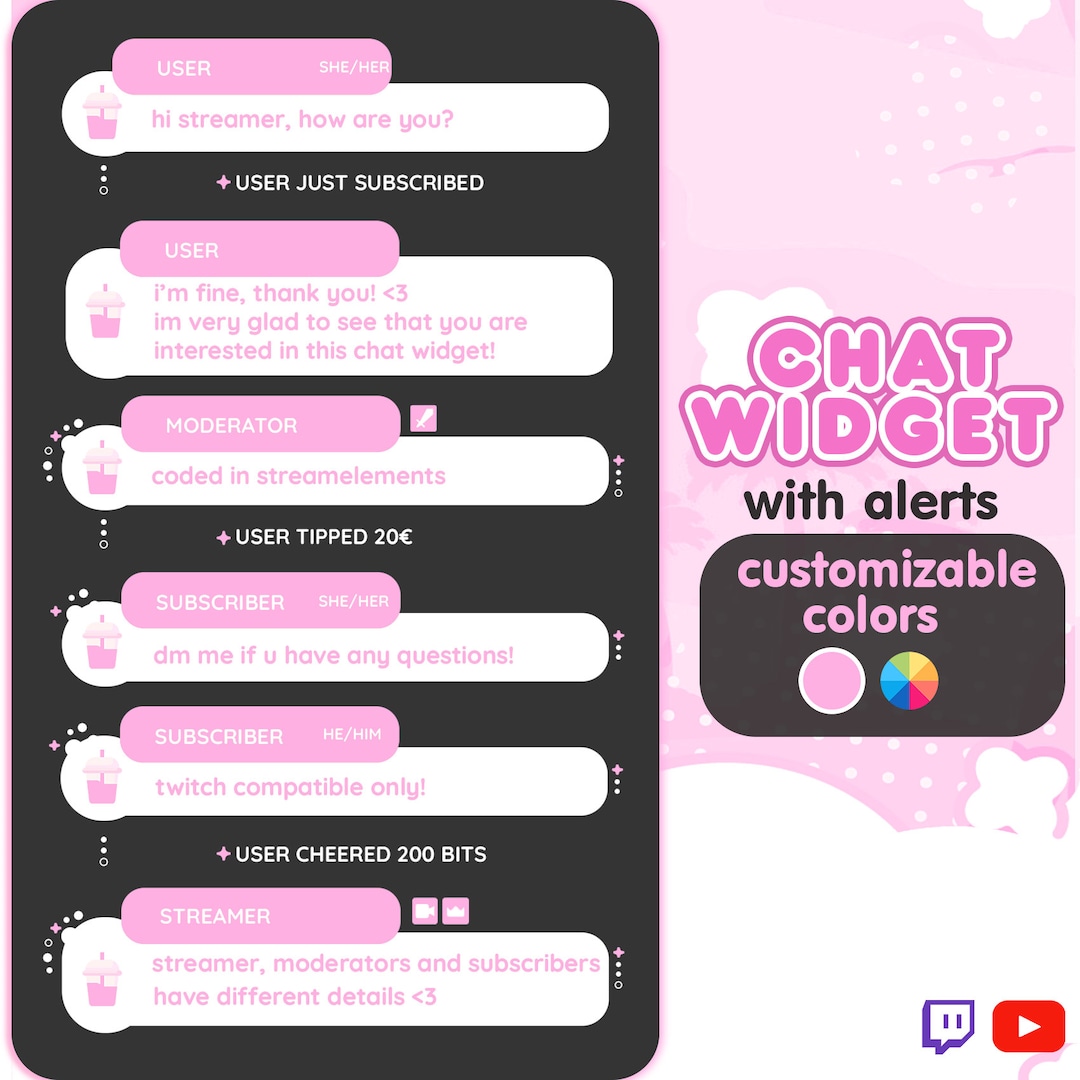 P2U Customizable Chat Widget Bubble Tea Boba Pink Stream Chatbox Cute ...
