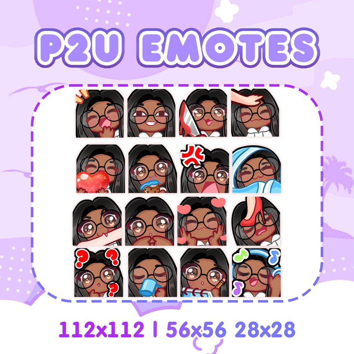 P2U Chibi Girl Emotes Black Hair Brown Eyes Dark Skin Glasses Straight ...