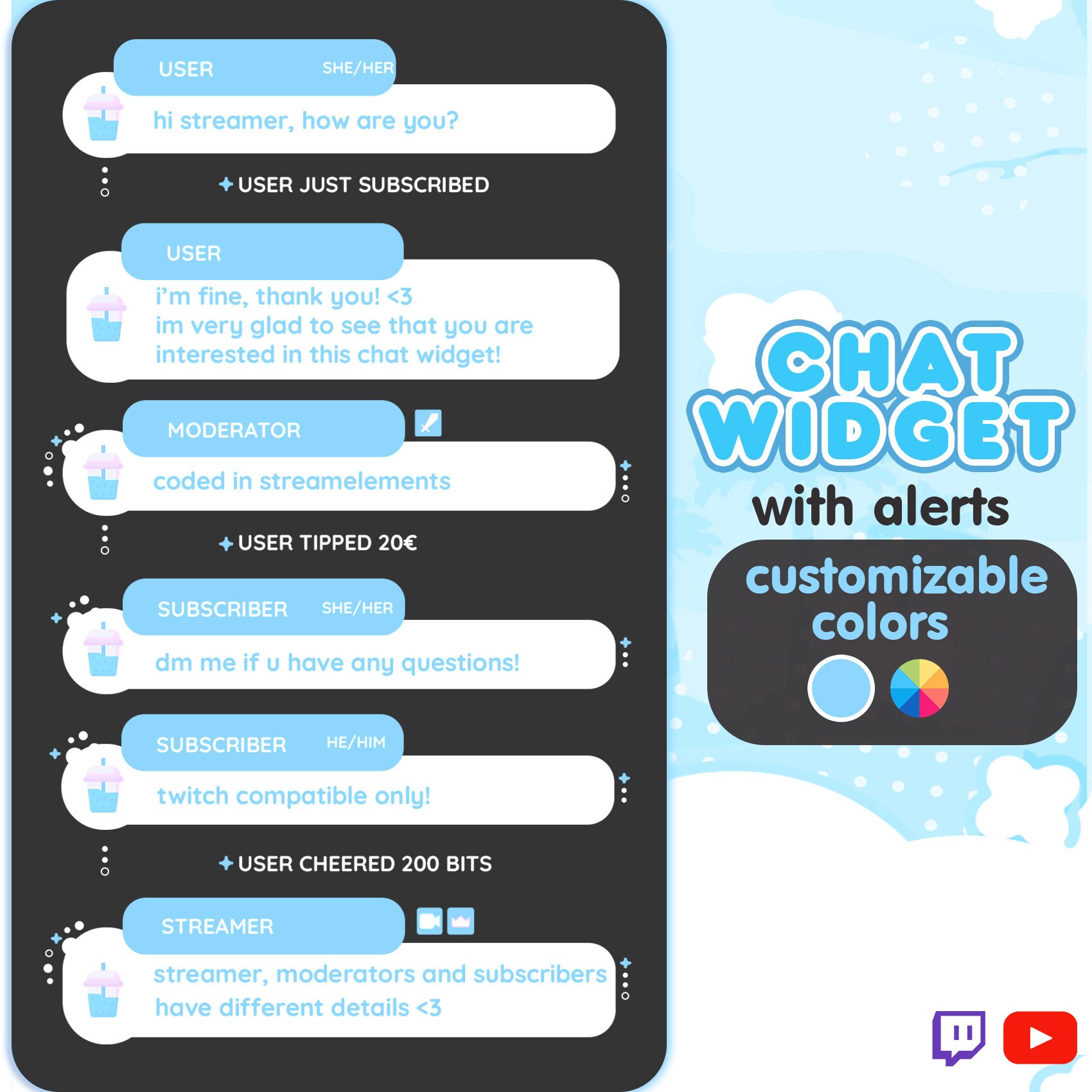 P2u Customizable Chat Widget Bubble Tea Boba Blue Stream Chatbox Cute Streamelements L Widgets