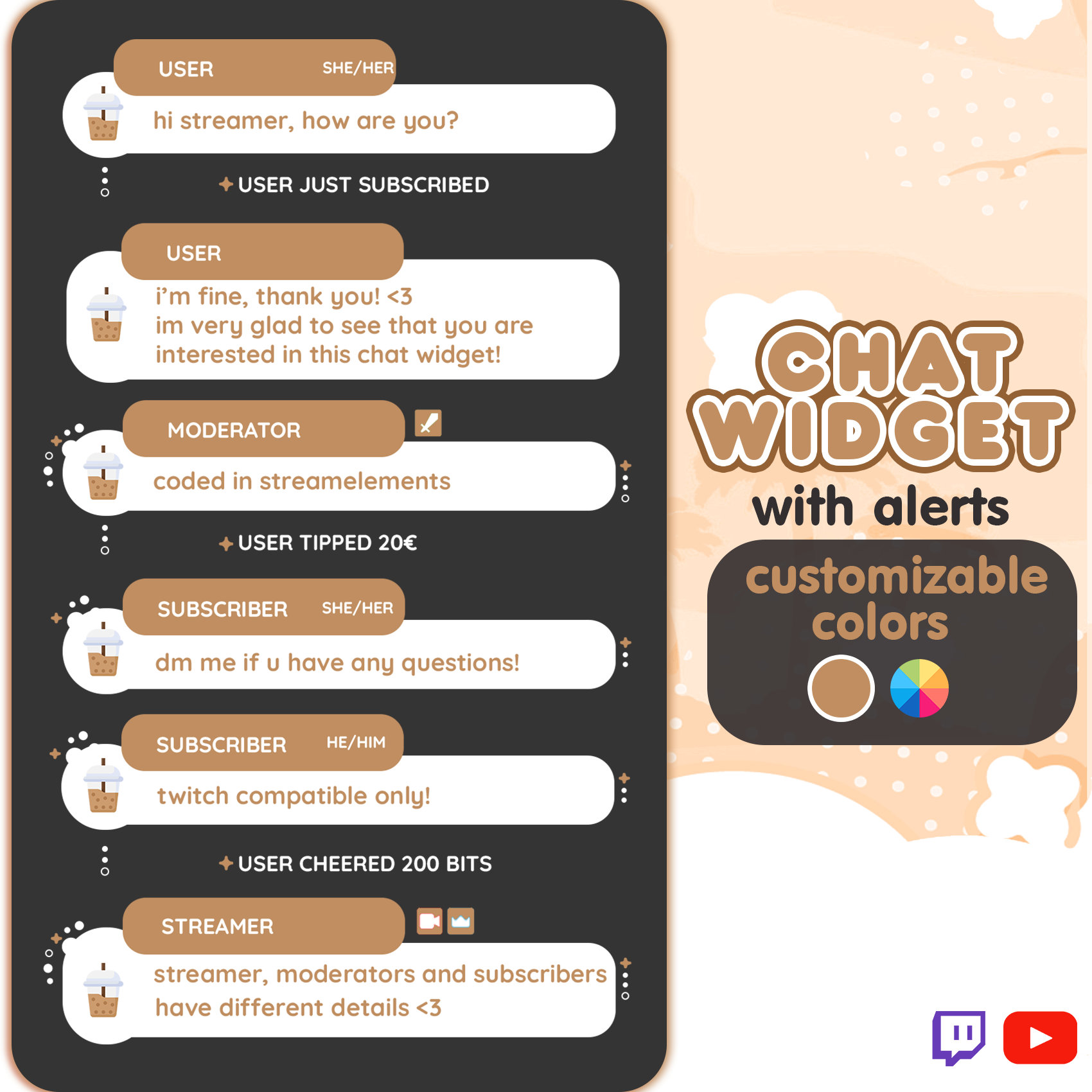 P2U Customizable Chat Widget Bubble Tea Boba Brown Stream Chatbox Cute Streamelements L Widgets ...