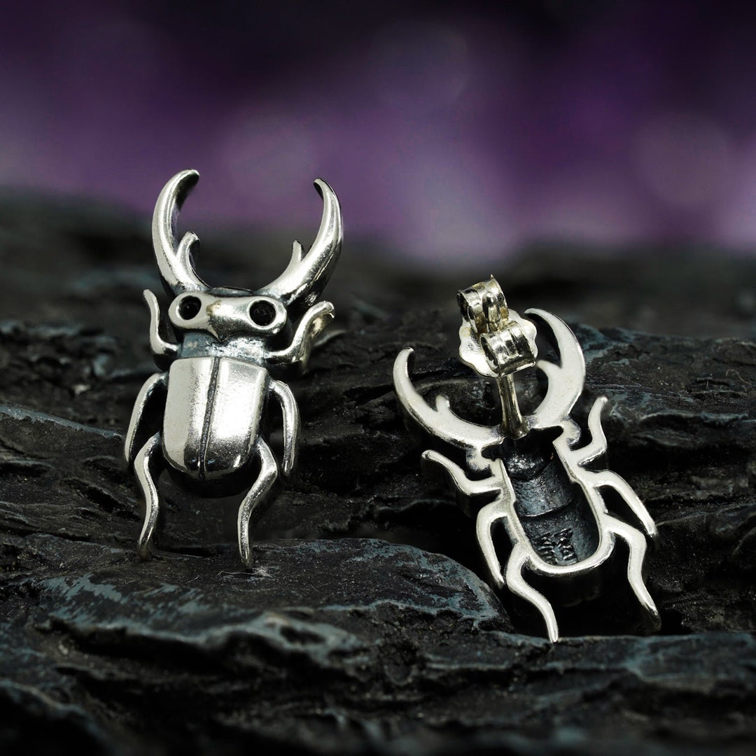 Stag Beetle Studs - Bug Ring - Scarab Ring - Moth Ring - Sterling Silver - Insect Earrings ...