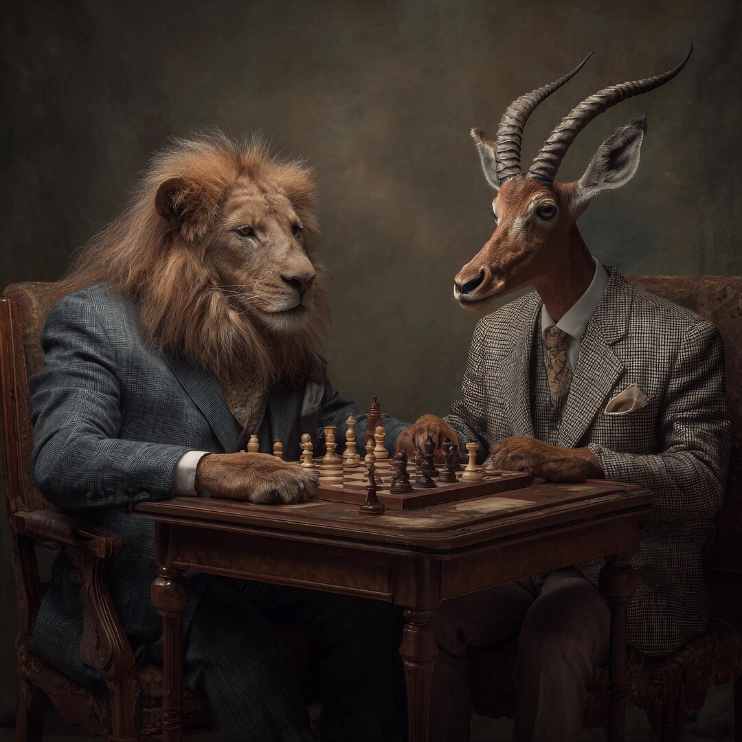 Lion and Gazelle Chess Match Digital Art, Anthropomorphic Animal Print ...