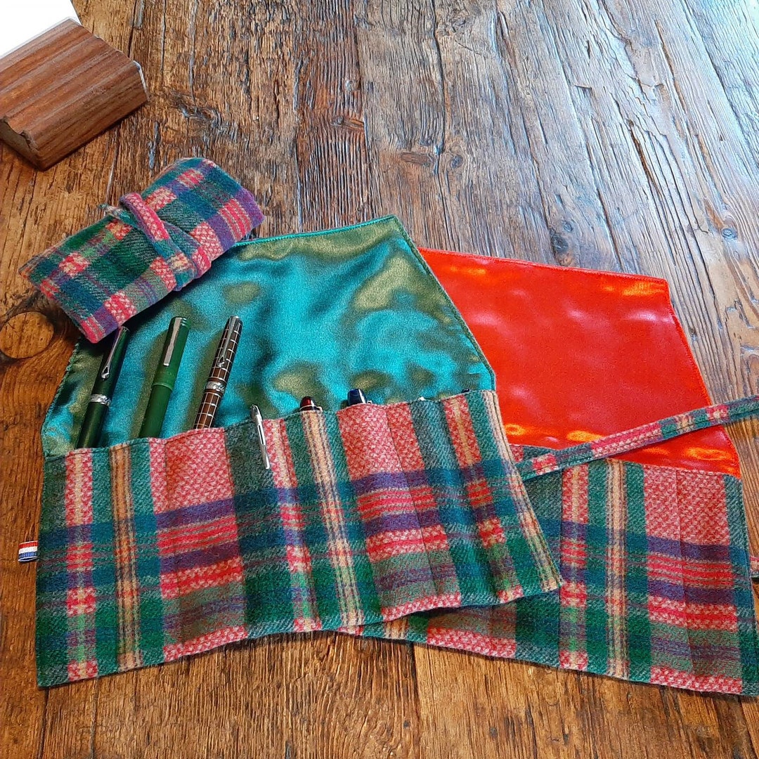 Pen Roll Green and Red Checkered Woolblend Fabric, Fountain Pen Case ...