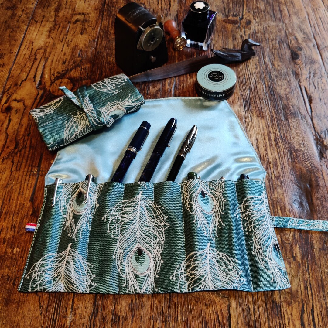 Pen Roll Peacock Feather Turquoise Gobelin Fabric Fountain Pen Wrap ...