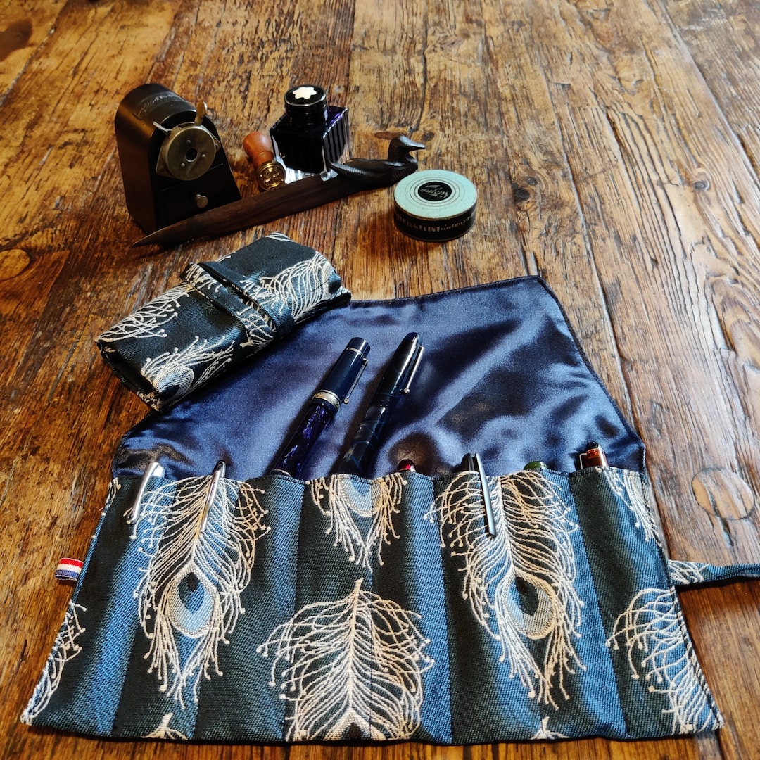Pen Roll Peacock Feather Blue Gobelin Fabric Fountain Pen Wrap, Pen ...