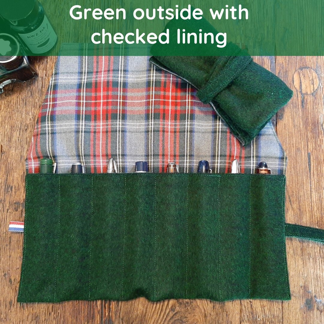 Pen Roll Green Wool Blend With Gray Tartan, Fountain Pen Wrap for 8 ...