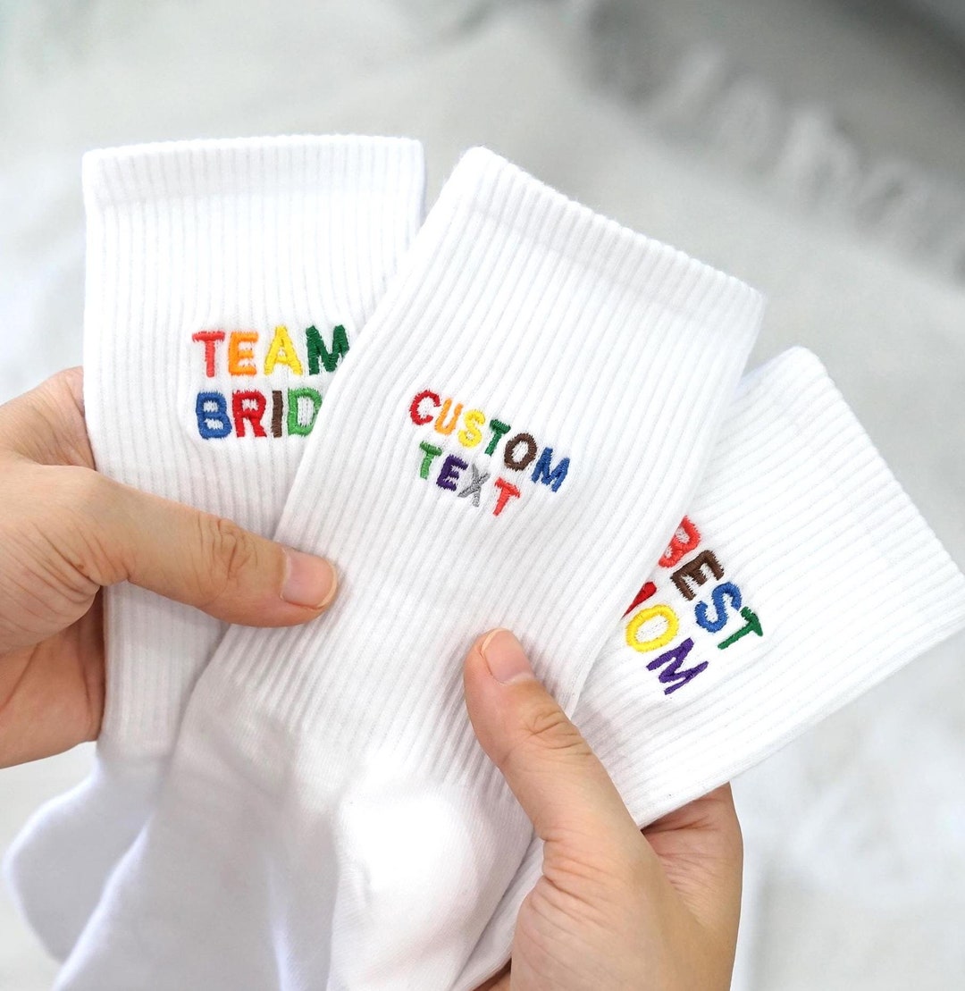 Custom Text Embroidery Socks: Rainbow Cotton Crew Socks - Etsy