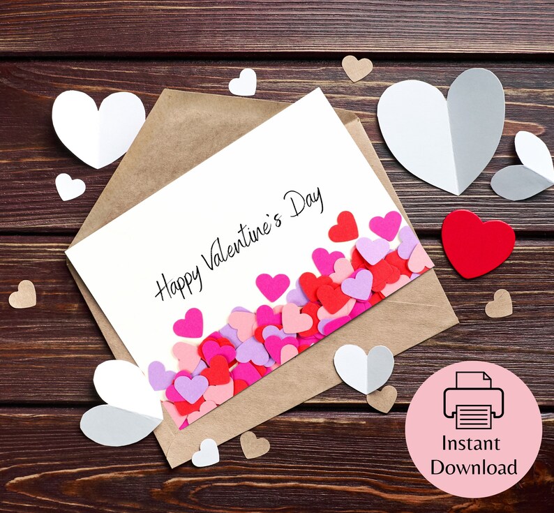 Printable Pink Heart Valentine's Day Card Digital Valentine's Day Card ...