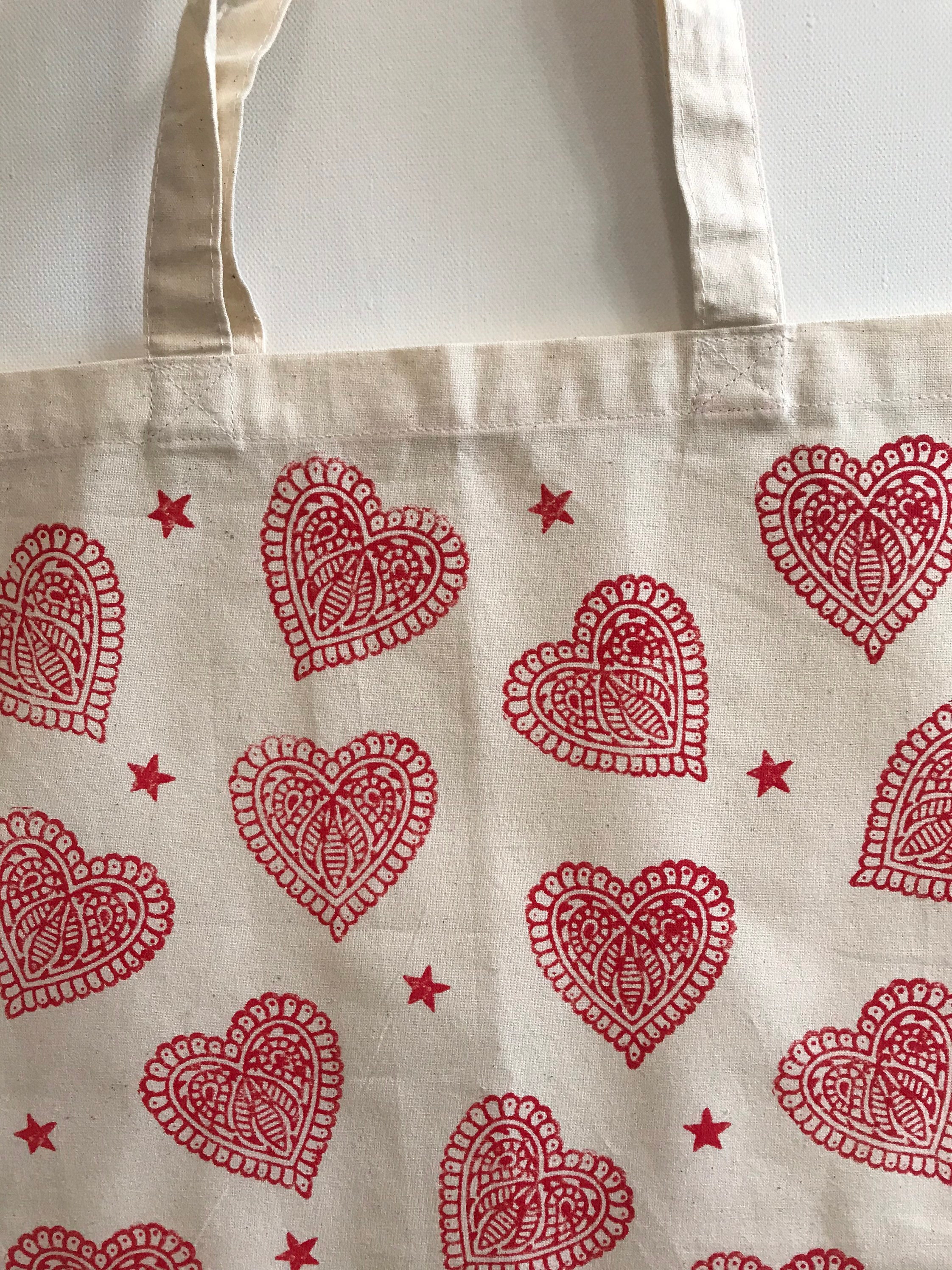 Hearts Hand Printed Tote Bag | Etsy