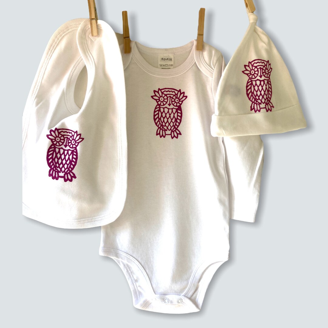 Owl Hand Printed Baby Grow Bibs or Sleepsuit - Etsy UK
