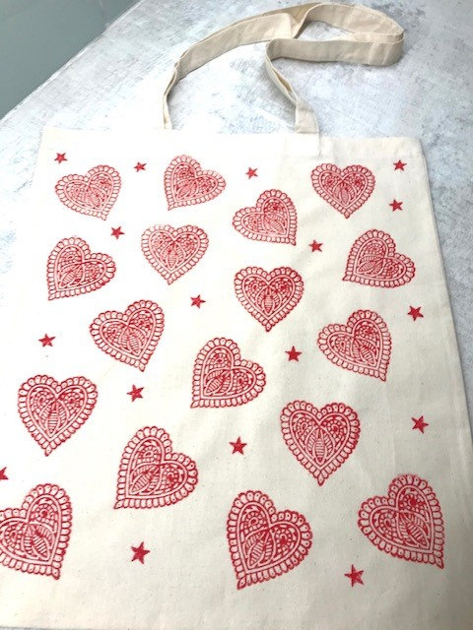 Hearts Hand Printed Tote Bag | Etsy