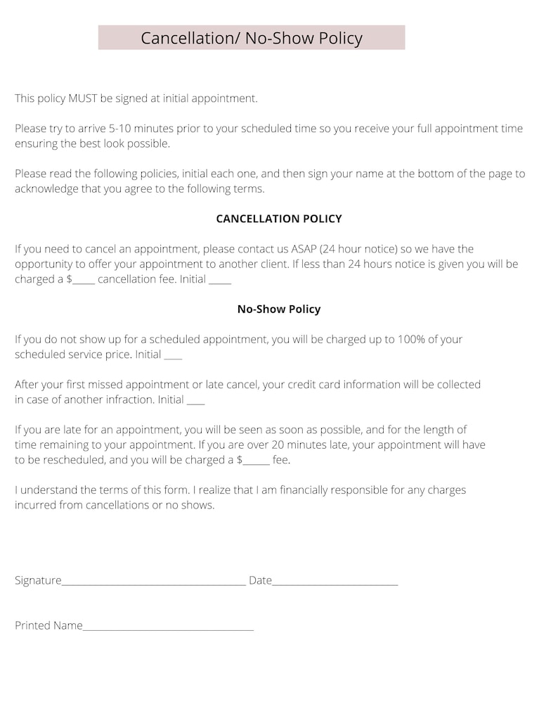 Policies & Fees: Cancellations, No Shows, Late Arrivals - Etsy