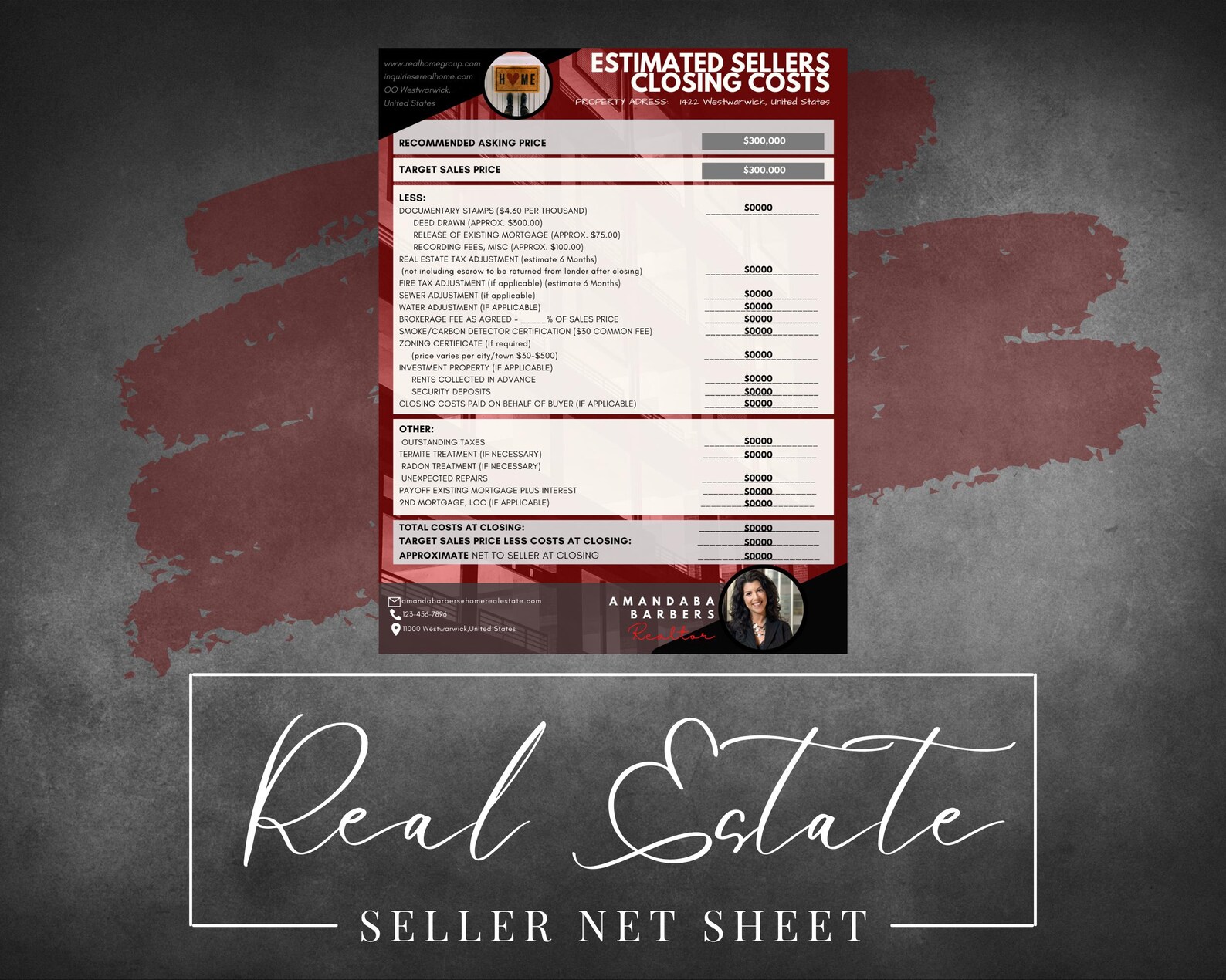 Red Seller Net Sheet | Real Estate Print | Realtor Information | Real ...