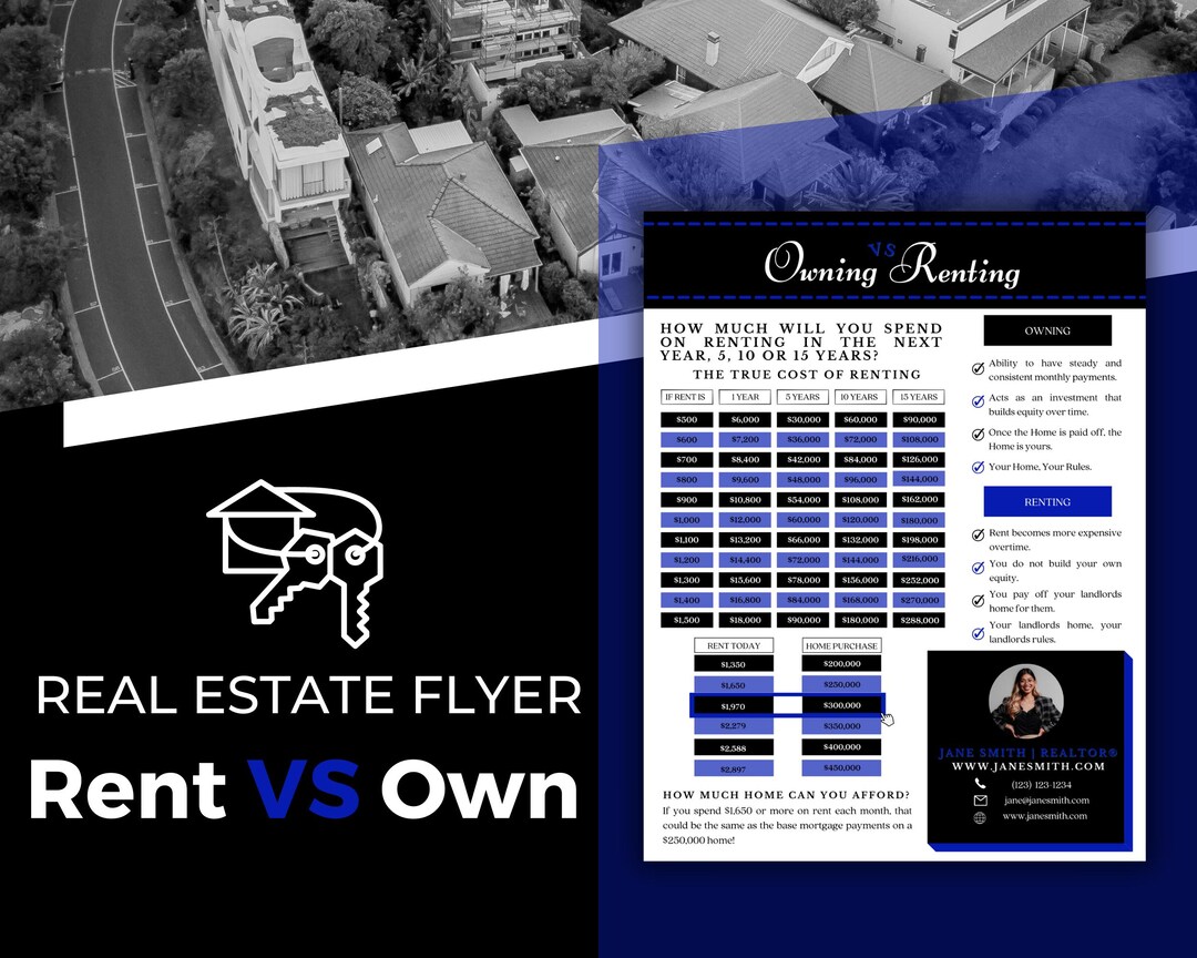 Blue Rent Vs. Own Flyer | Real Estate Handout | Real Estate Print ...