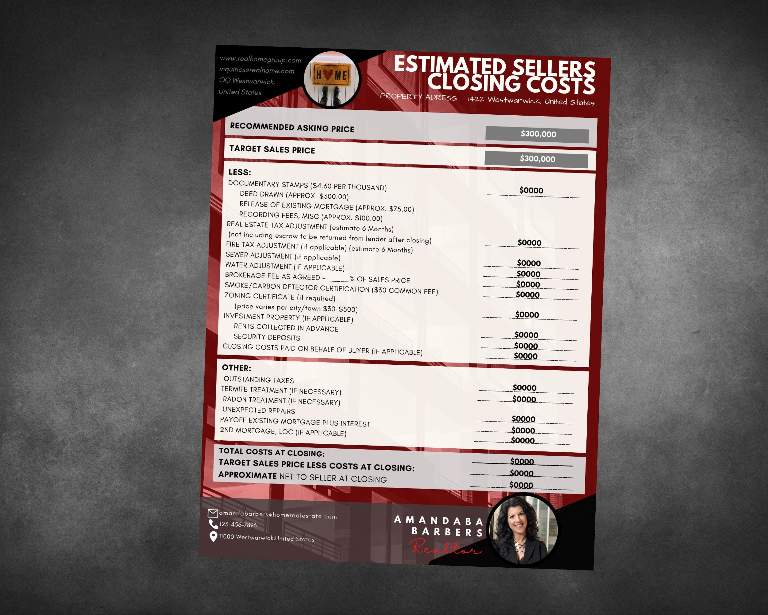 Red Seller Net Sheet | Real Estate Print | Realtor Information | Real ...