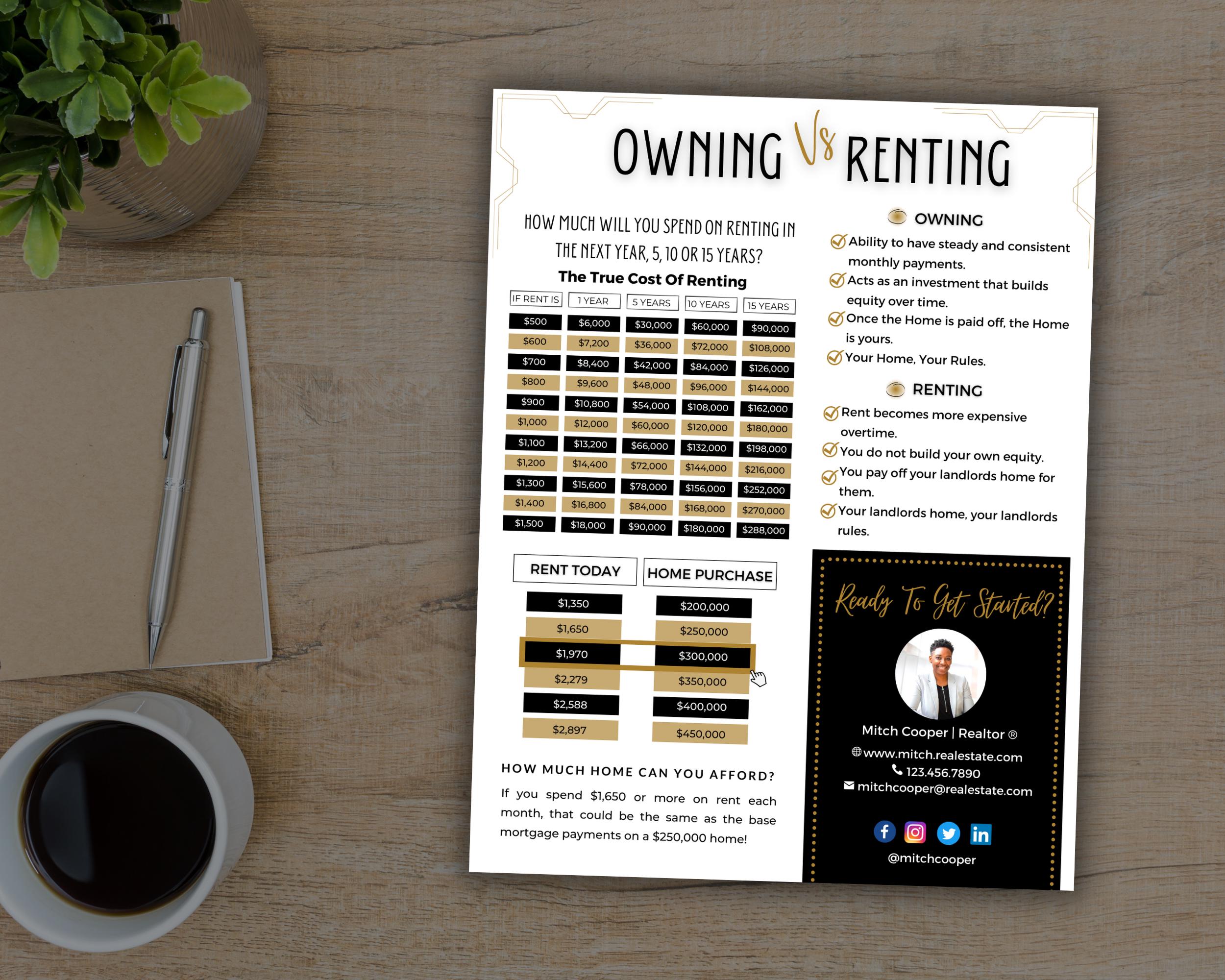 Gold Rent Vs. Own Flyer | Real Estate Handout | Real Estate Print ...