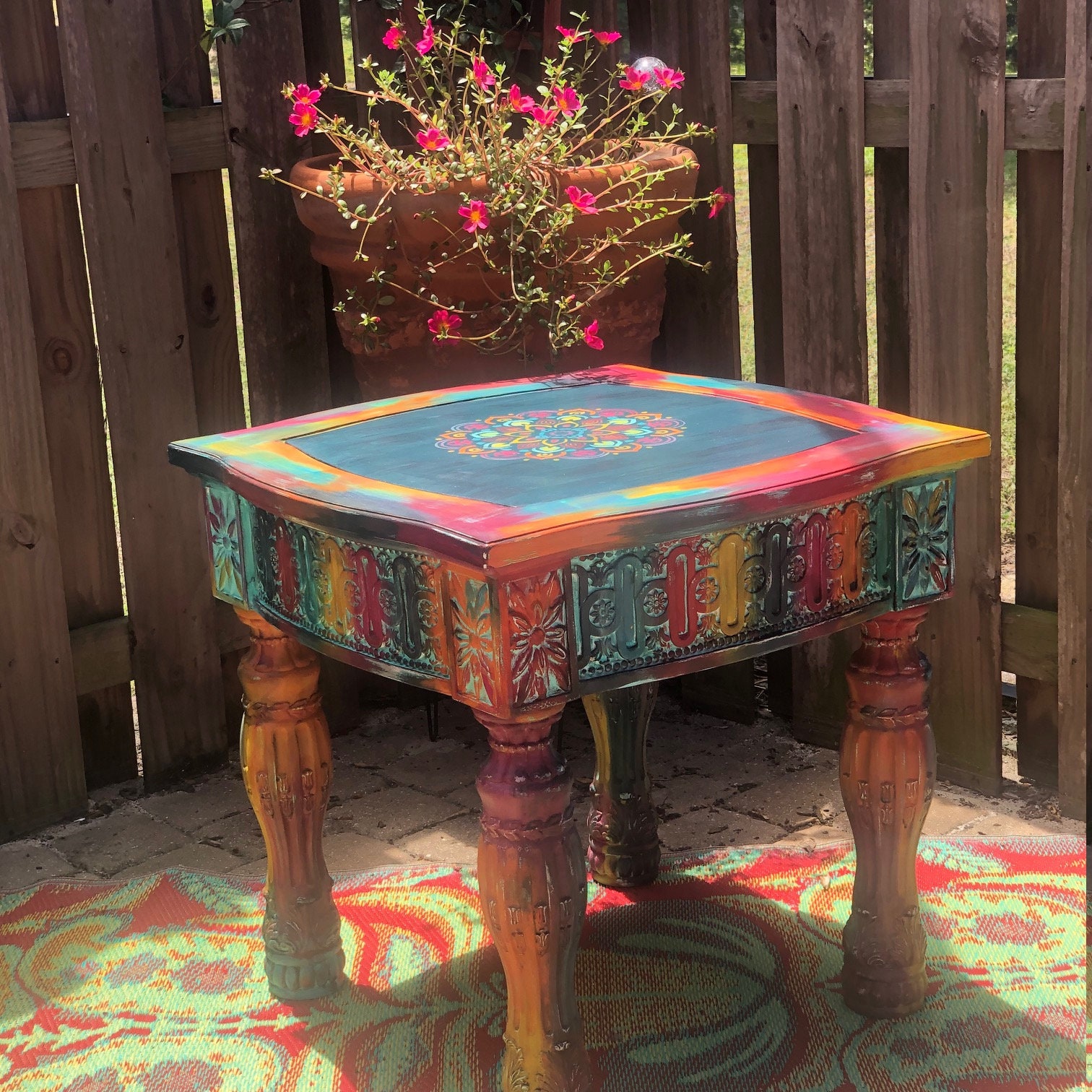 SOLD Colorful/ Mandala/ Side Table/ Carved Legs/ Hand-painted/upcycled ...