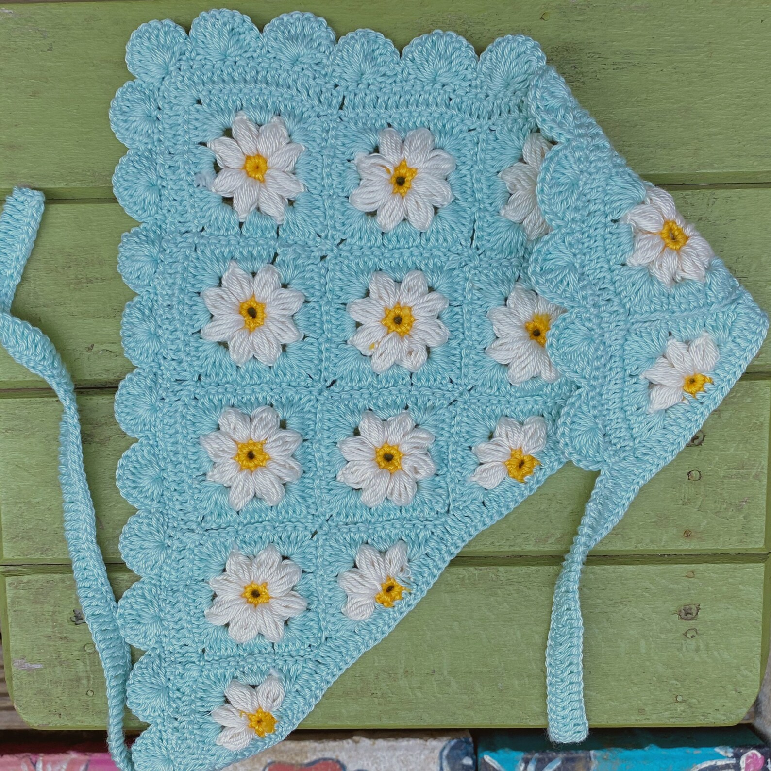 Daisy Baby Blue Crochet Bandana Flower Hair Kerchief Boho | Etsy