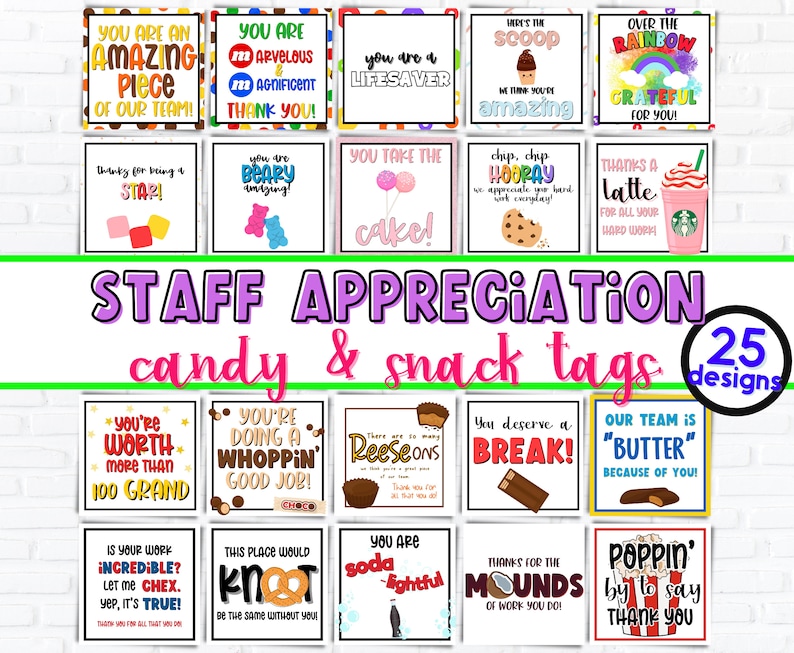 CANDY and SNACK Tags Staff Appreciation Bundle | 2.5"x2.5" Printable ...