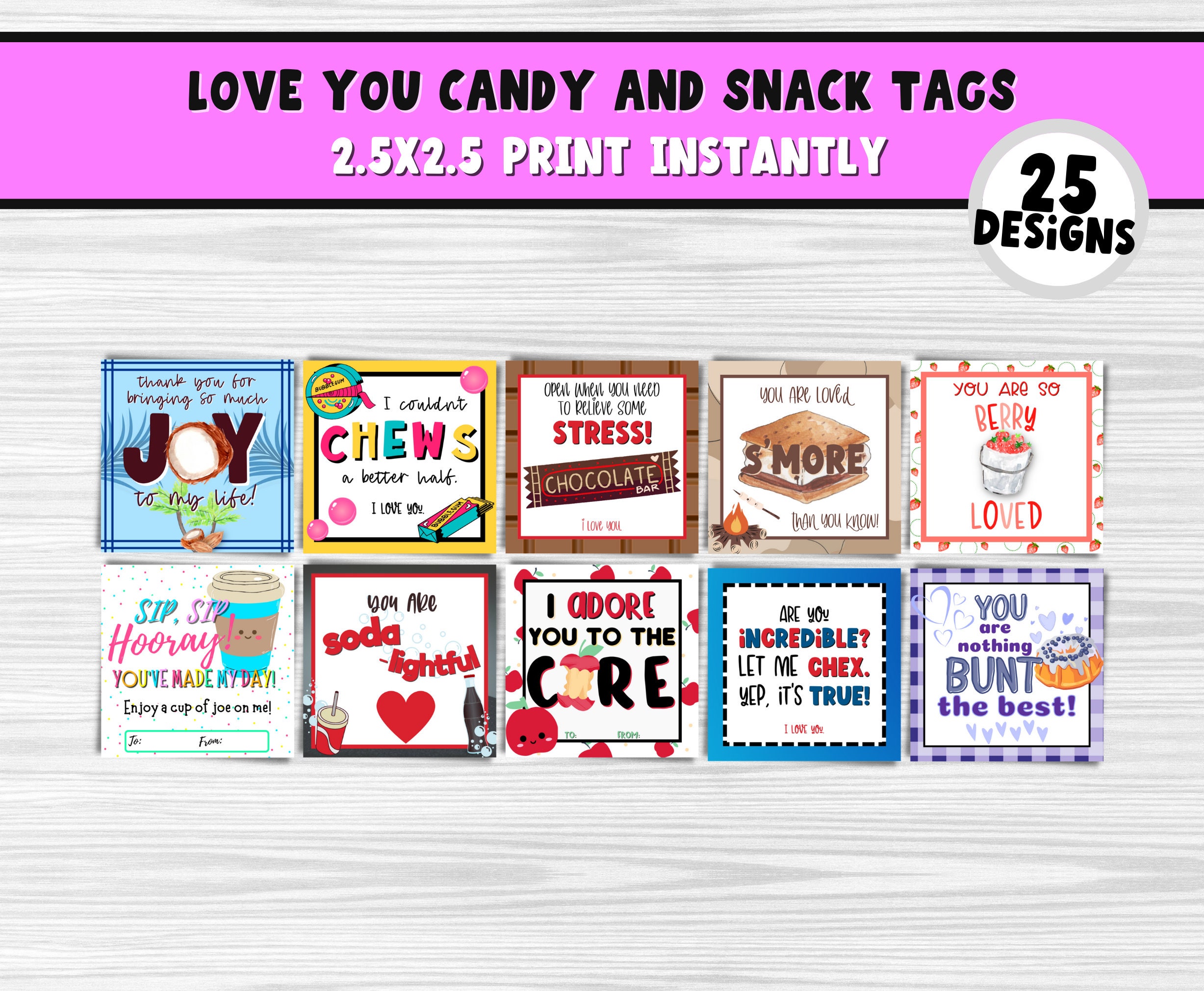 Snack & TREAT I Love You Bundle Gift Tags | 2.5" Square Printable DIY ...