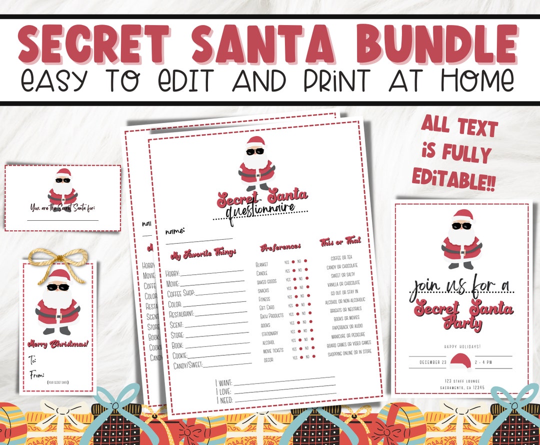 Secret Santa Holiday Questionnaire Editable Bundle | Secret Santa Gift ...