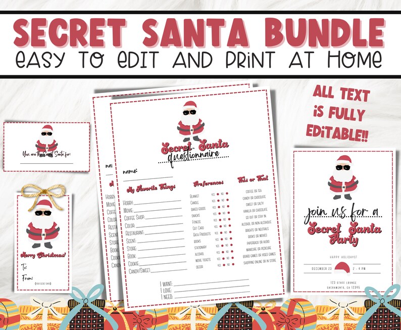 Secret Santa Holiday Questionnaire Editable Bundle Secret - Etsy
