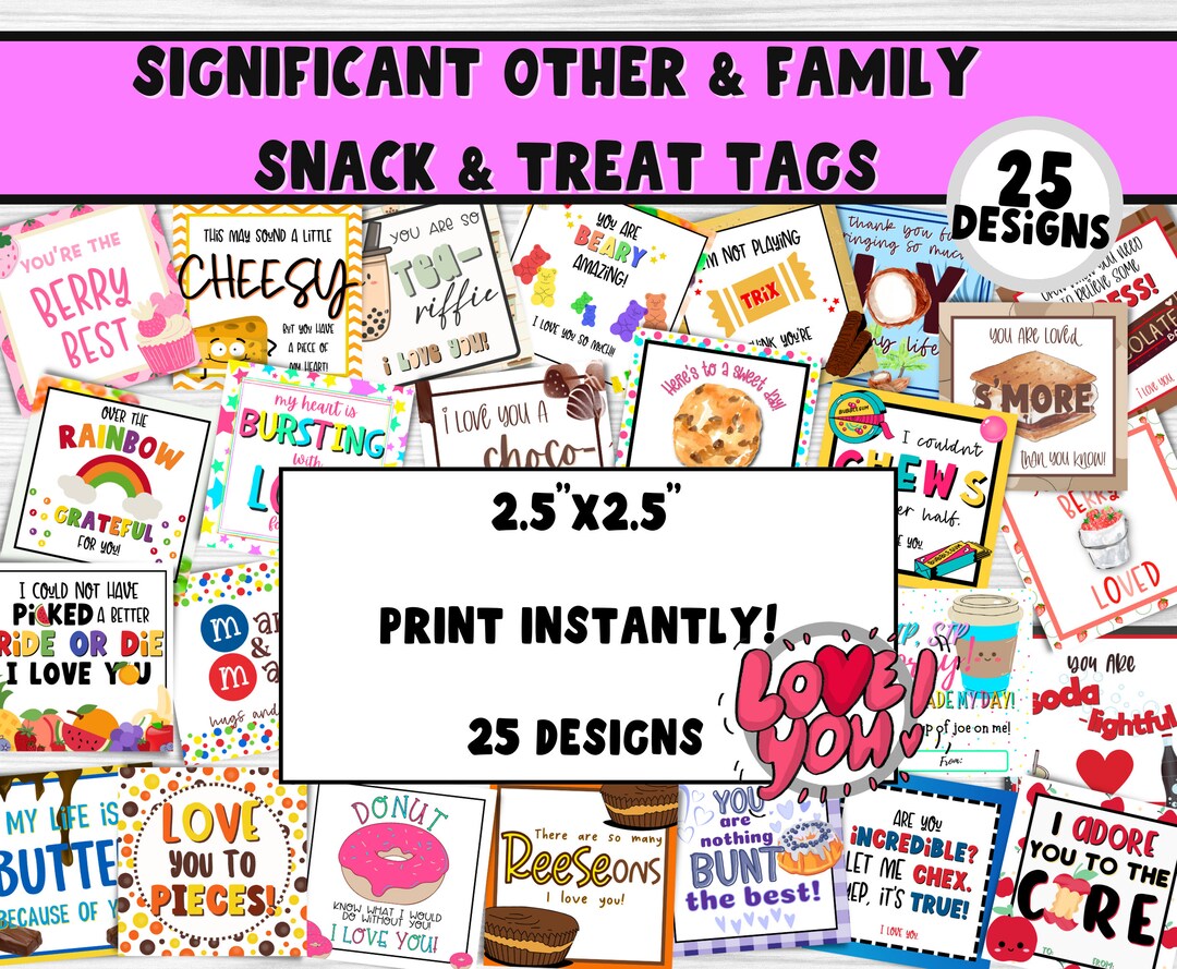 Snack & TREAT I Love You Bundle Gift Tags | 2.5" Square Printable DIY ...