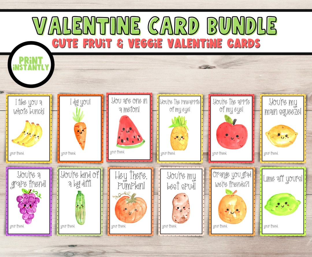 Fruit & Veggie Valentine Card Bundle | DIY Valentine Bulk Employee ...