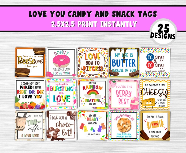 Snack & TREAT I Love You Bundle Gift Tags | 2.5" Square Printable DIY ...
