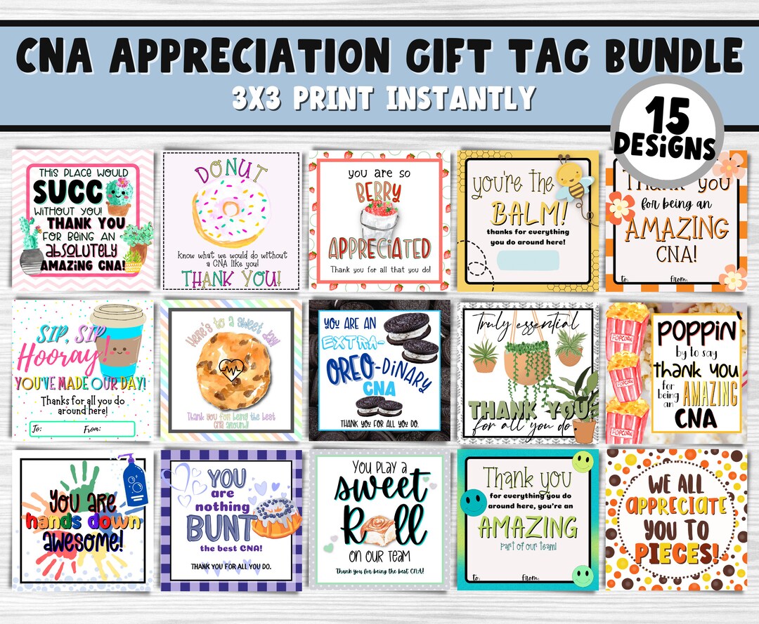 CNA Printable Appreciation Bundle 15 Gift Tags | DIY Bulk Employee ...