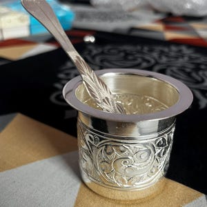 Pure Silver Pancha Patra With Spoon, Carving Design, Housewarming Gift ...