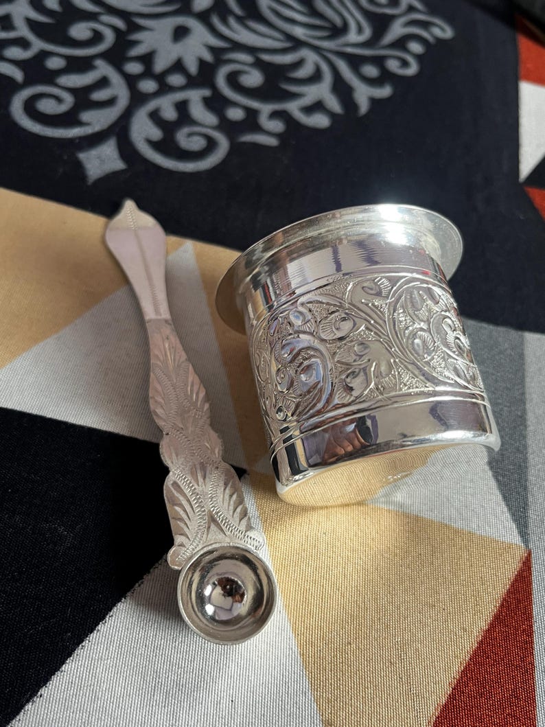 Pure Silver Pancha Patra With Spoon, Carving Design, Housewarming Gift ...