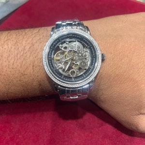 Pure Silver Automatic Men's Round Watch With Cubic Zirconia Unique Link ...