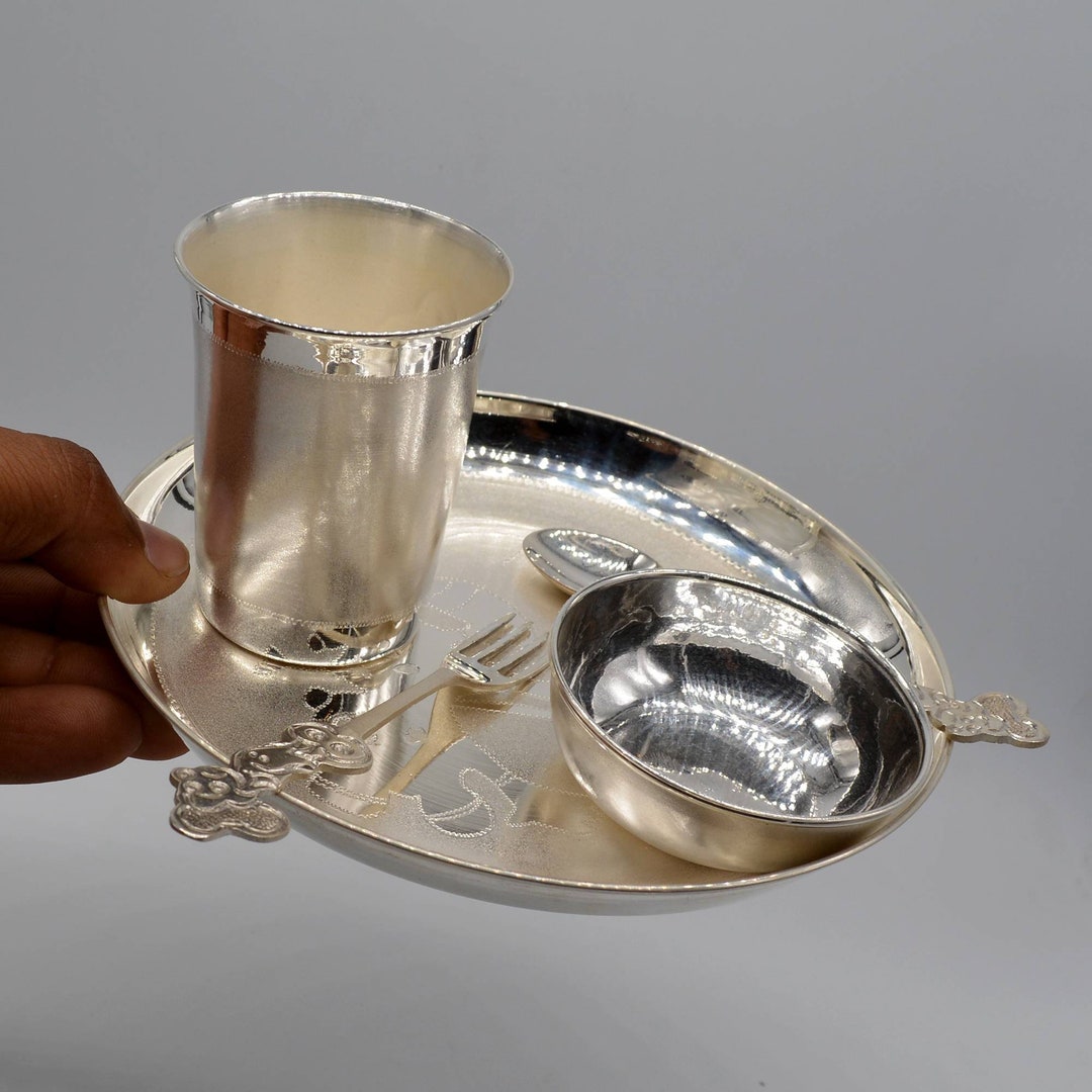 925 Pure Silver Handmade Dinner Set, Silver Plate, Bowl, Glass & Spoon ...