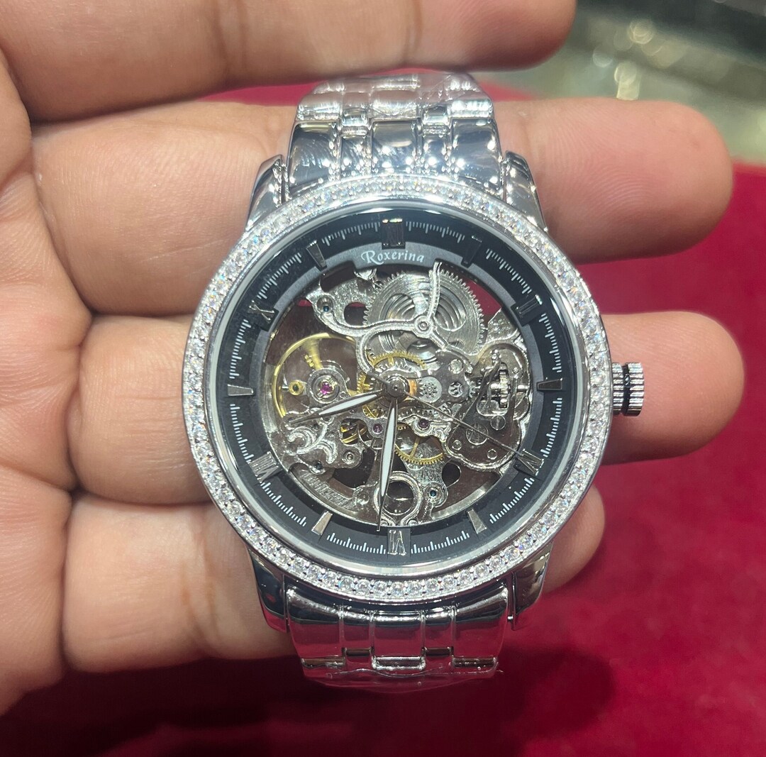 Pure Silver Automatic Men's Round Watch With Cubic Zirconia Unique Link ...