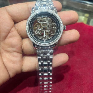 Pure Silver Automatic Men's Round Watch With Cubic Zirconia Unique Link ...