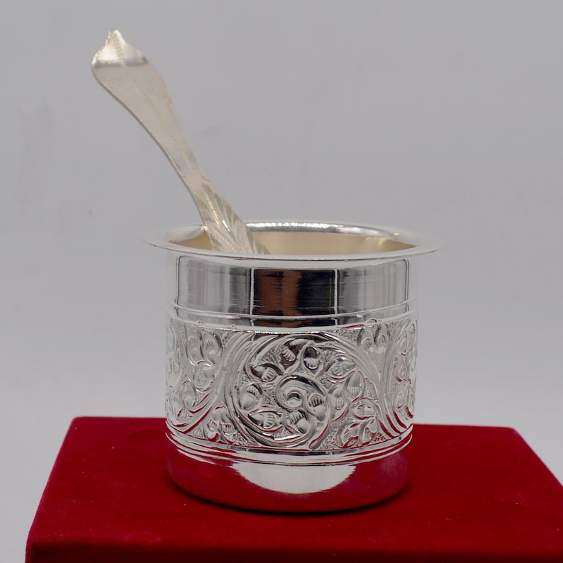Pure Silver Pancha Patra With Spoon, Carving Design, Housewarming Gift ...