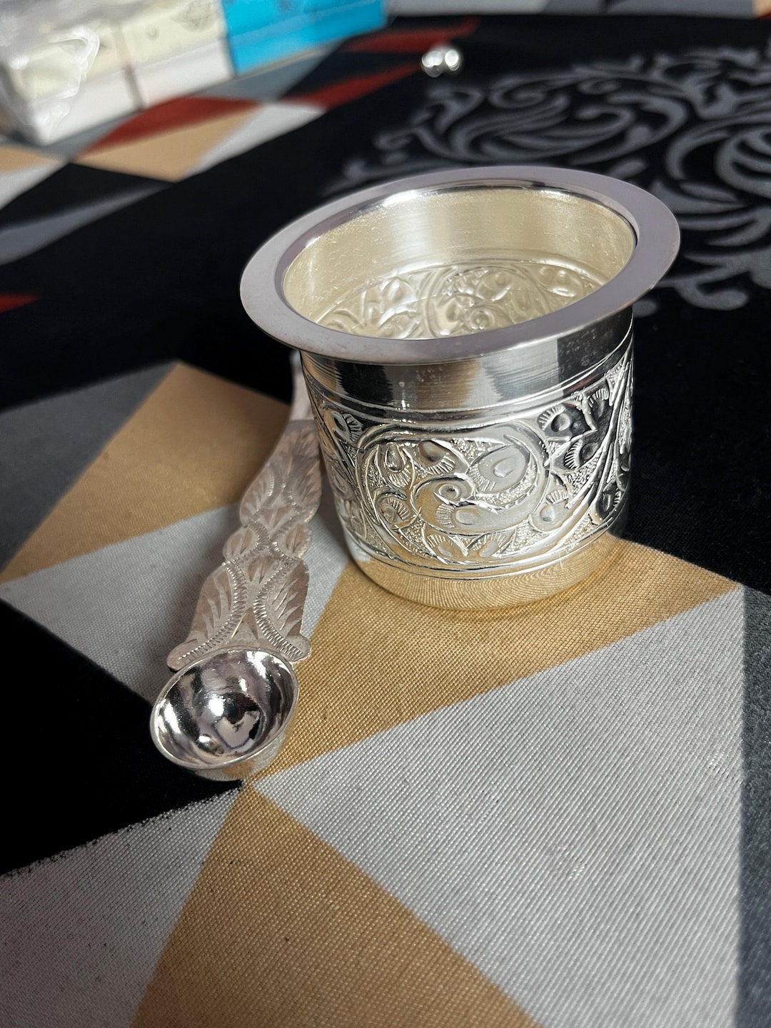 Pure Silver Pancha Patra With Spoon, Carving Design, Housewarming Gift ...