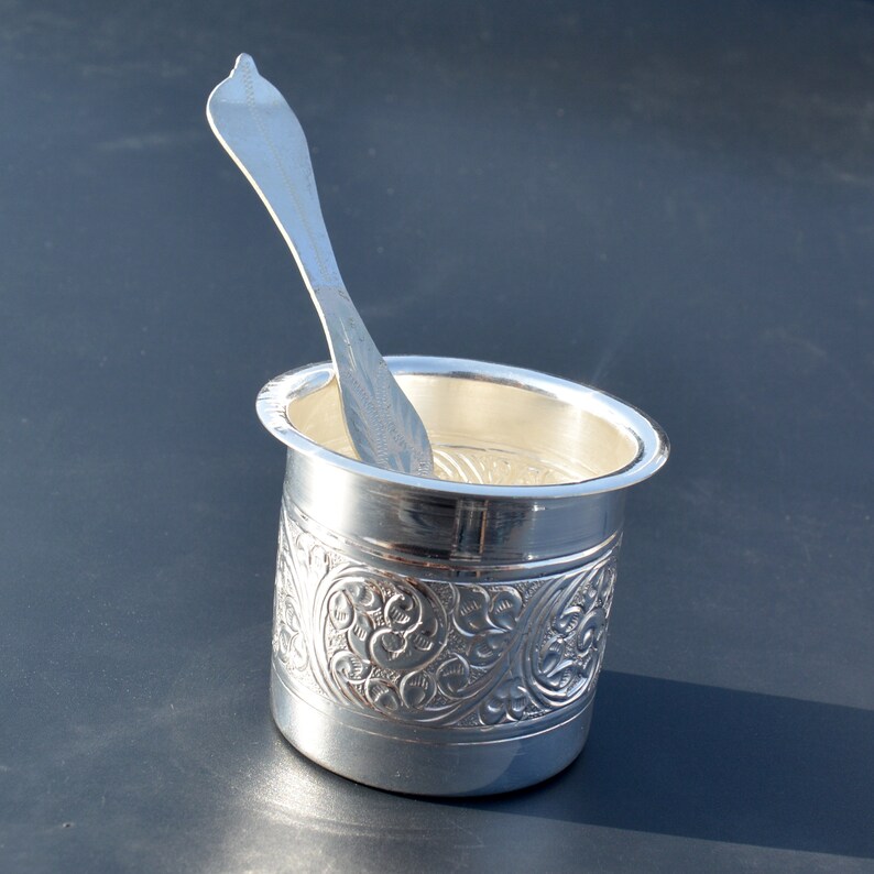 Pure Silver Pancha Patra With Spoon, Carving Design, Housewarming Gift ...