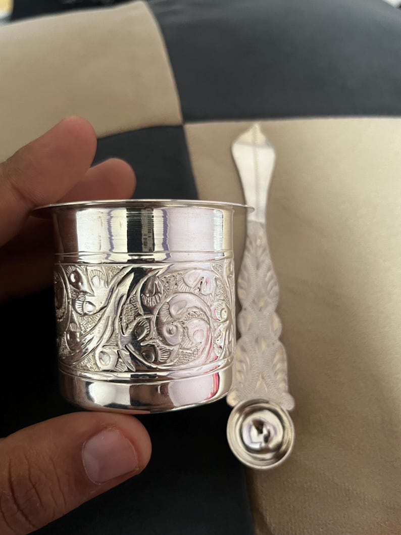 Pure Silver Pancha Patra With Spoon, Carving Design, Housewarming Gift ...